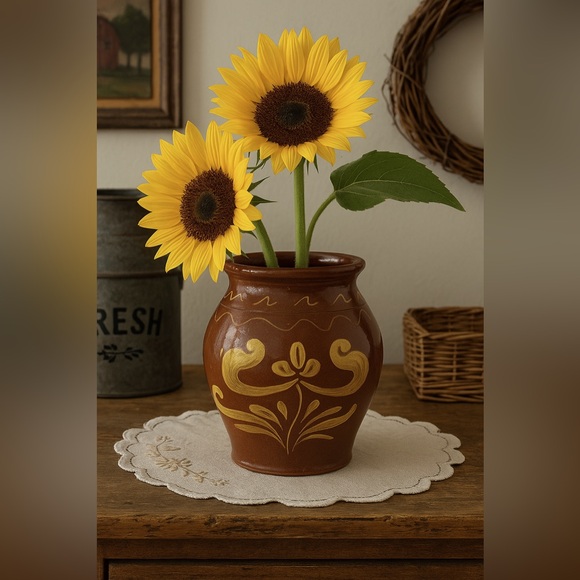 Vintage | Accents | Vtg Redware Pottery Vase Brown Glazed Hand Painted ...